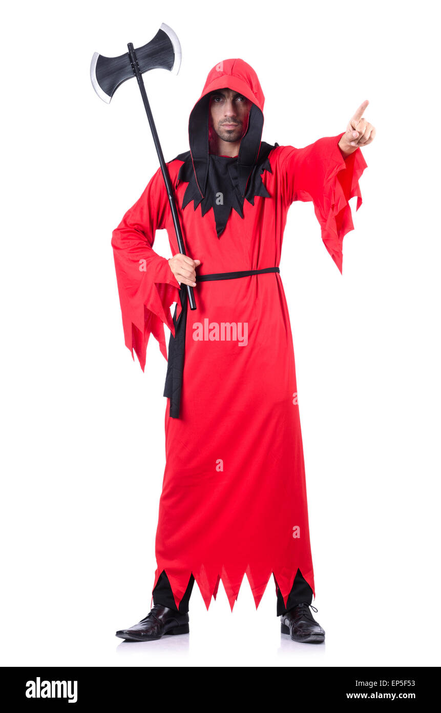Executioner in red costume with axe on white Stock Photo - Alamy