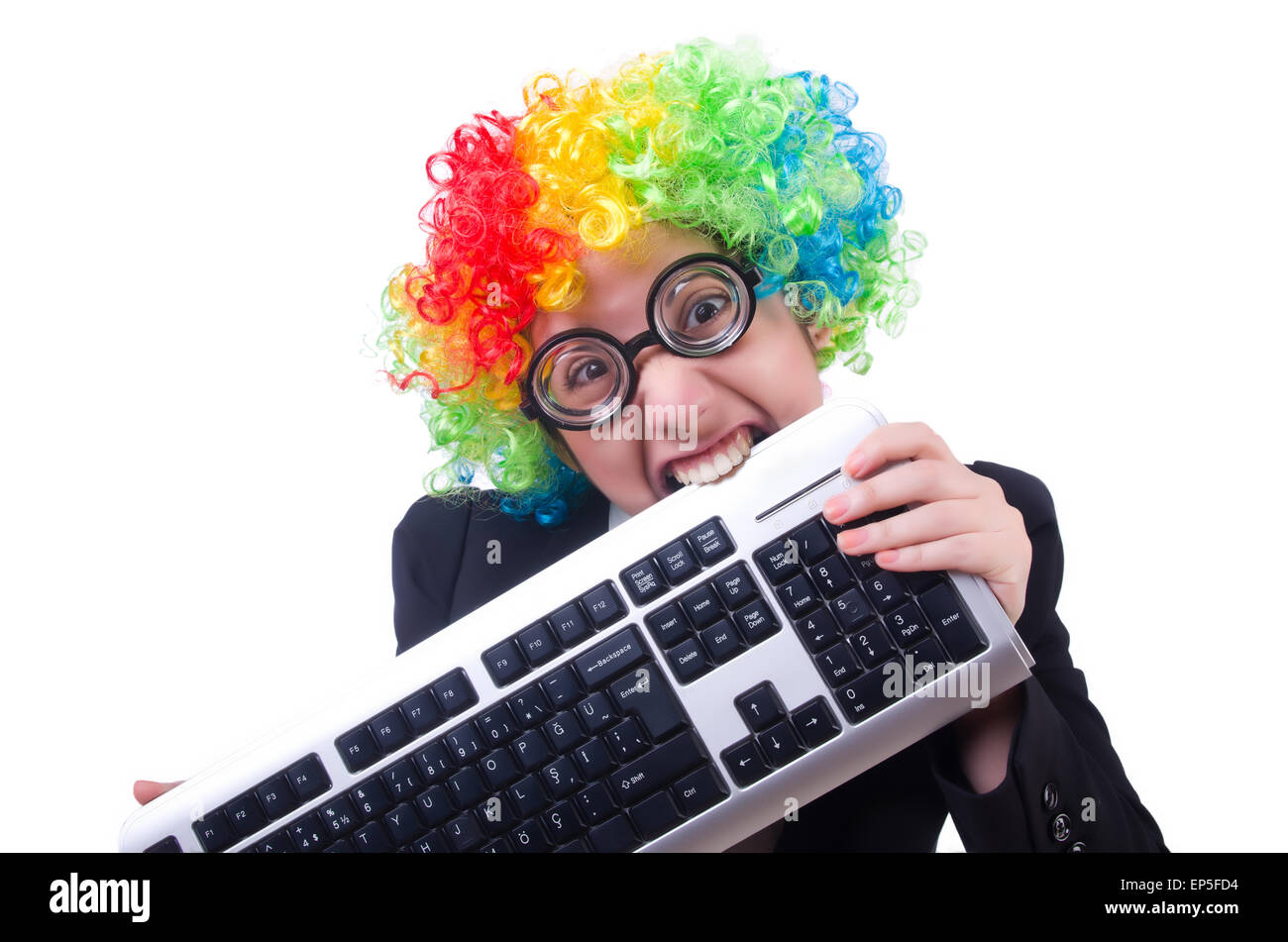Funny clown with keyboard on white Stock Photo - Alamy