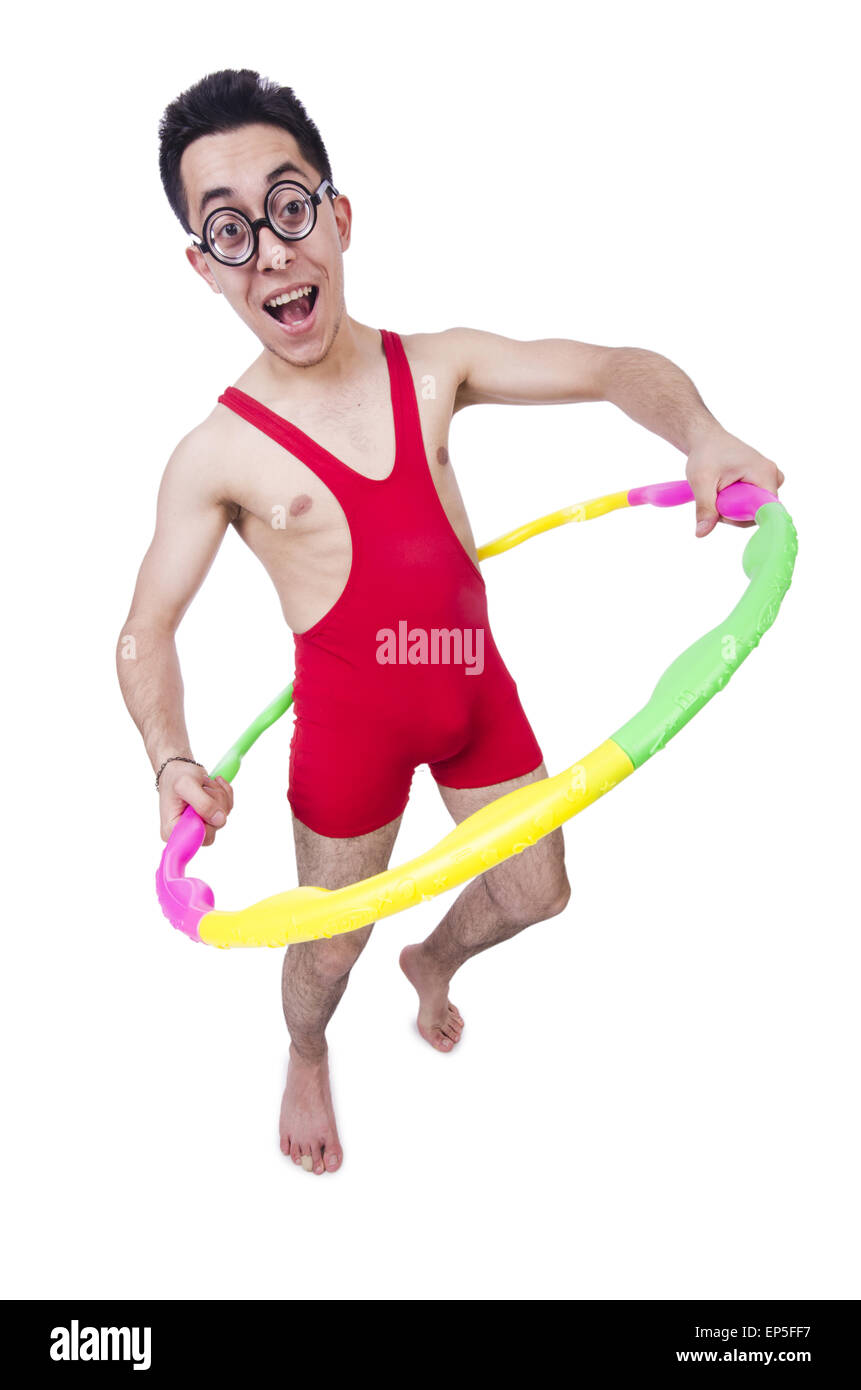 Funny sportsman with hula hoop on white Stock Photo - Alamy