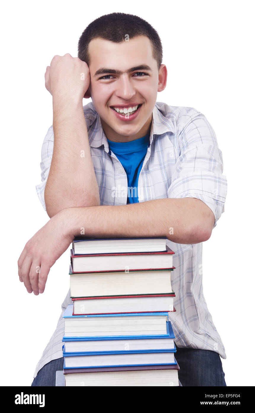 Student with lots of books on white Stock Photo - Alamy