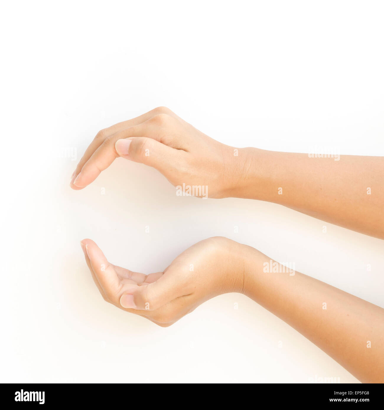 woman two hand make circle concept protecting something on a white ...