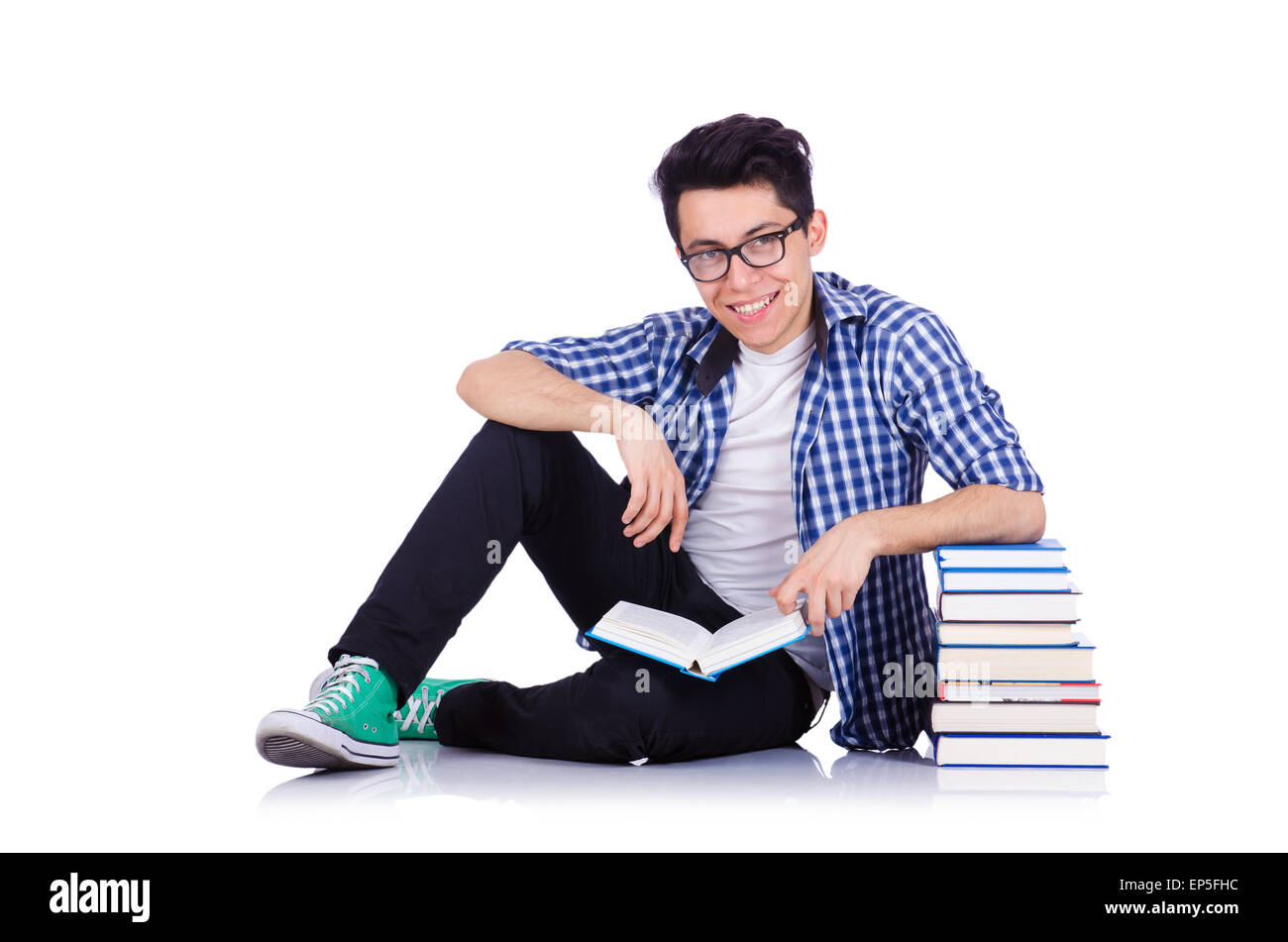 Student with lots of books on white Stock Photo - Alamy