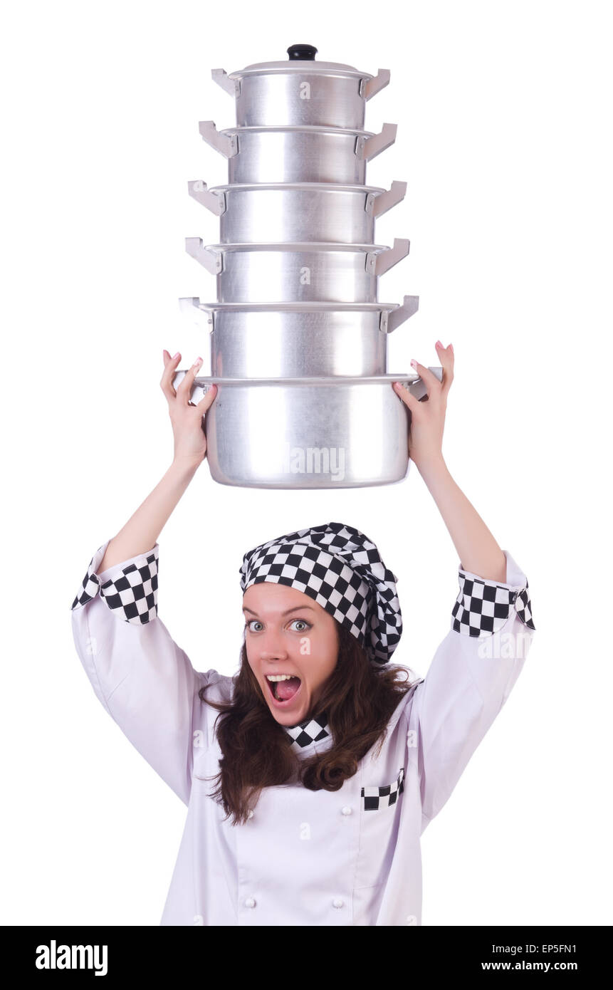 Cook with stack of pots on white Stock Photo - Alamy