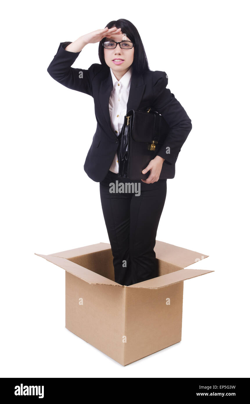 Businesswoman in thinking out of box concept Stock Photo - Alamy