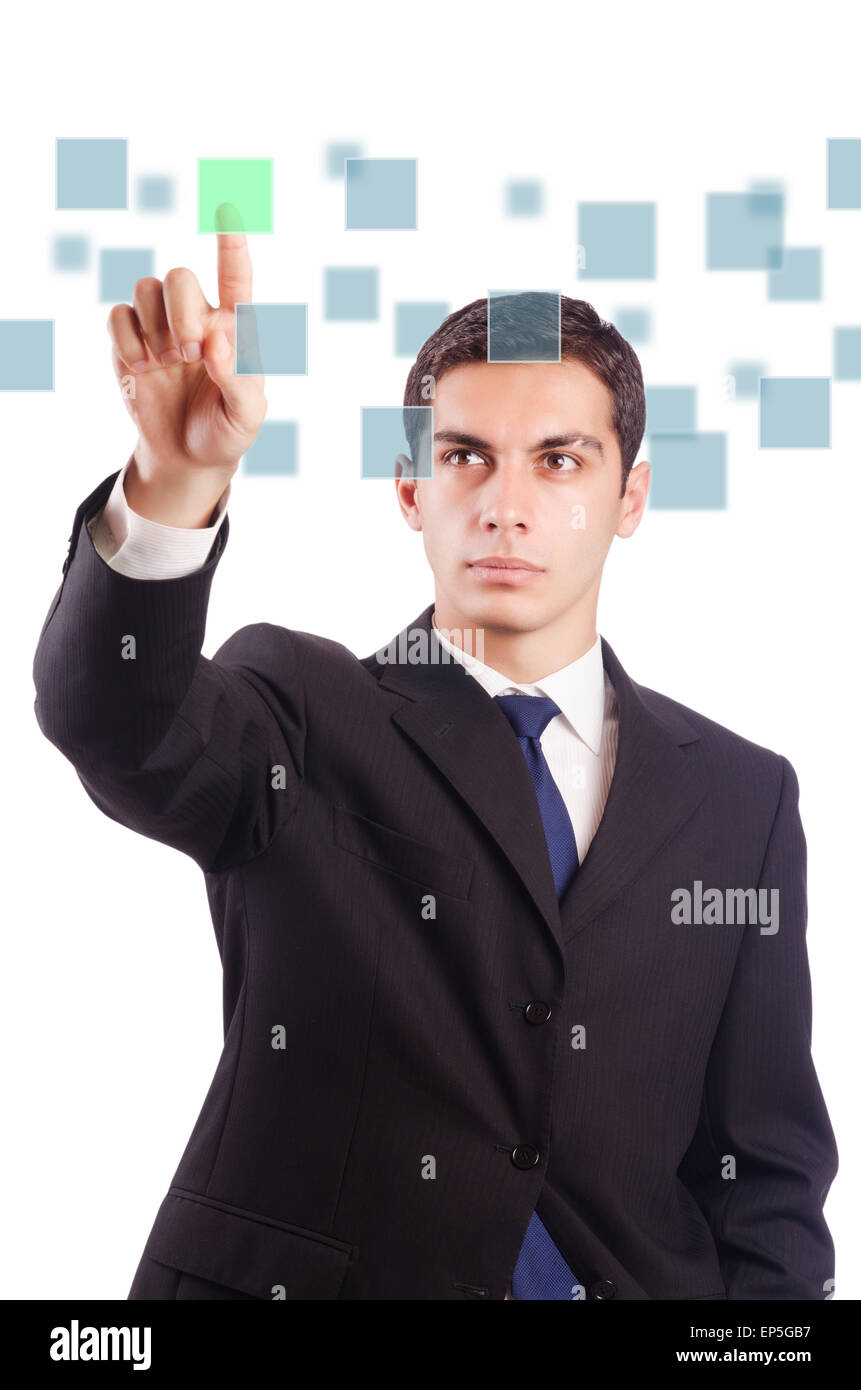 Young businessman pressing virtual buttons Stock Photo - Alamy