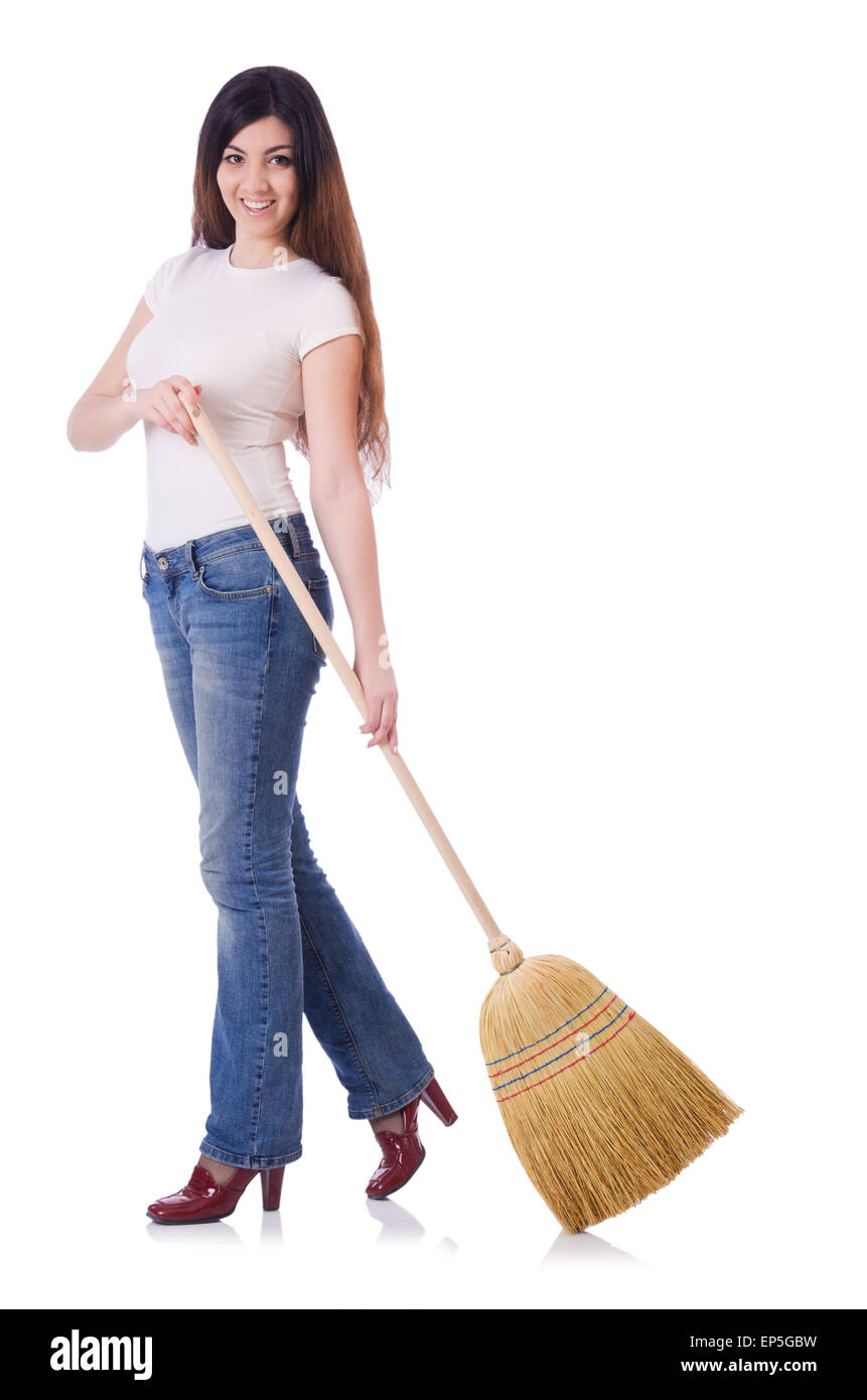 Young woman with broom isolated on white Stock Photo - Alamy