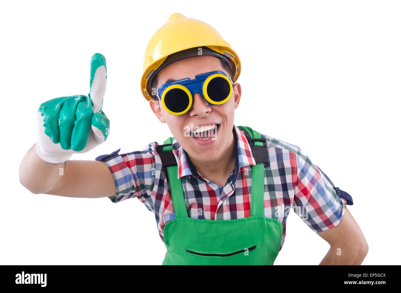 Funny construction worker isolated on white Stock Photo - Alamy