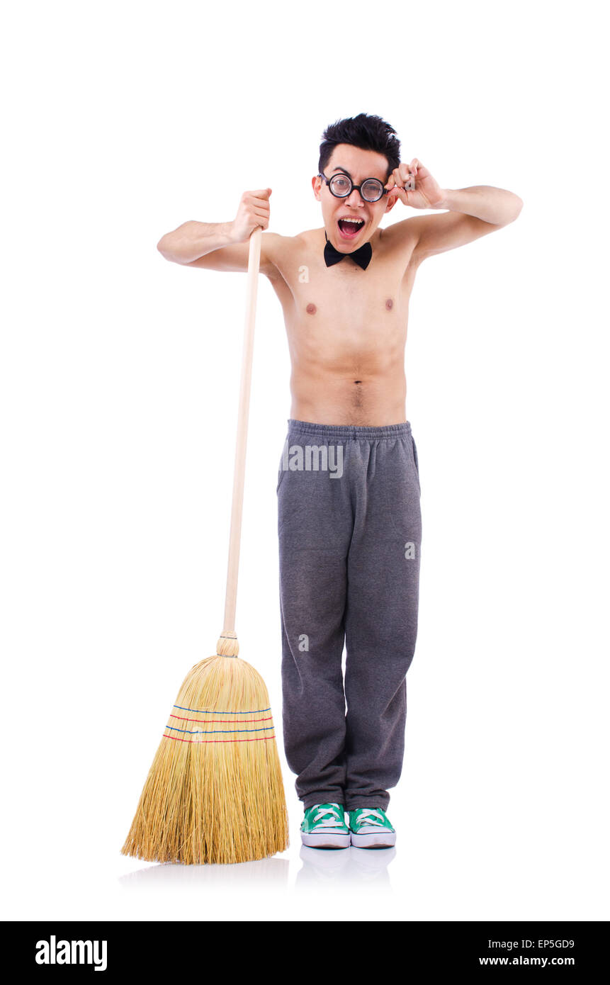 Funny man with broom on white Stock Photo - Alamy
