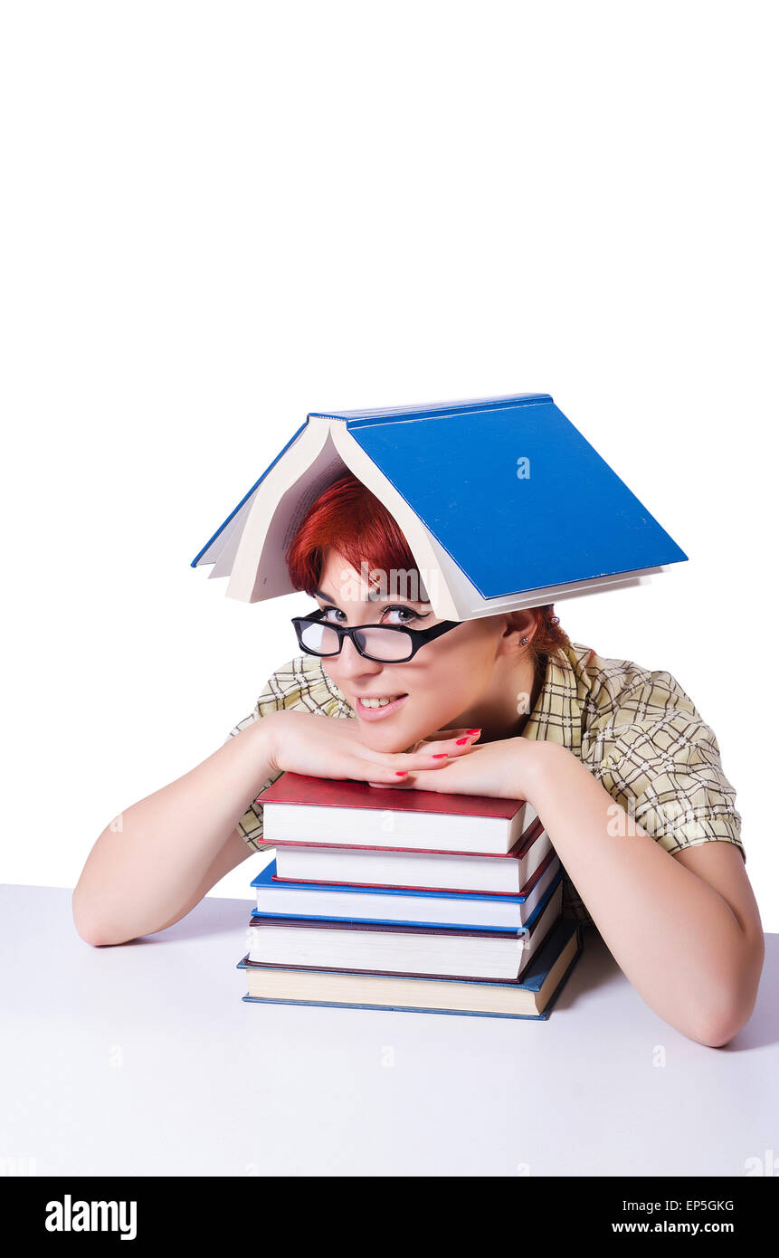 Girl student with books on white Stock Photo - Alamy