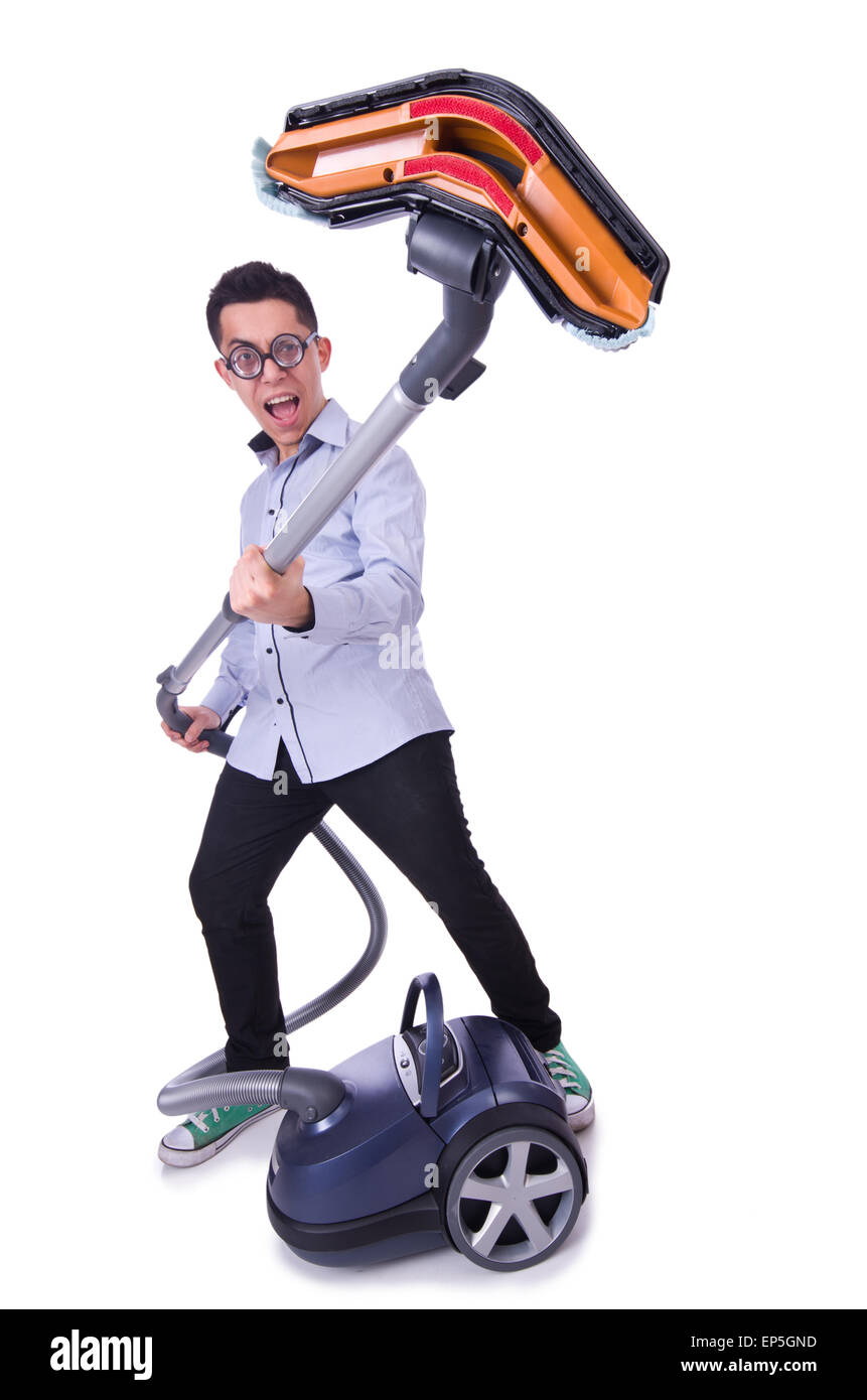 Funny man with vacuum cleaner on white Stock Photo - Alamy