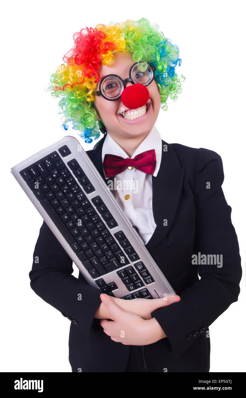 Funny clown with keyboard on white Stock Photo - Alamy