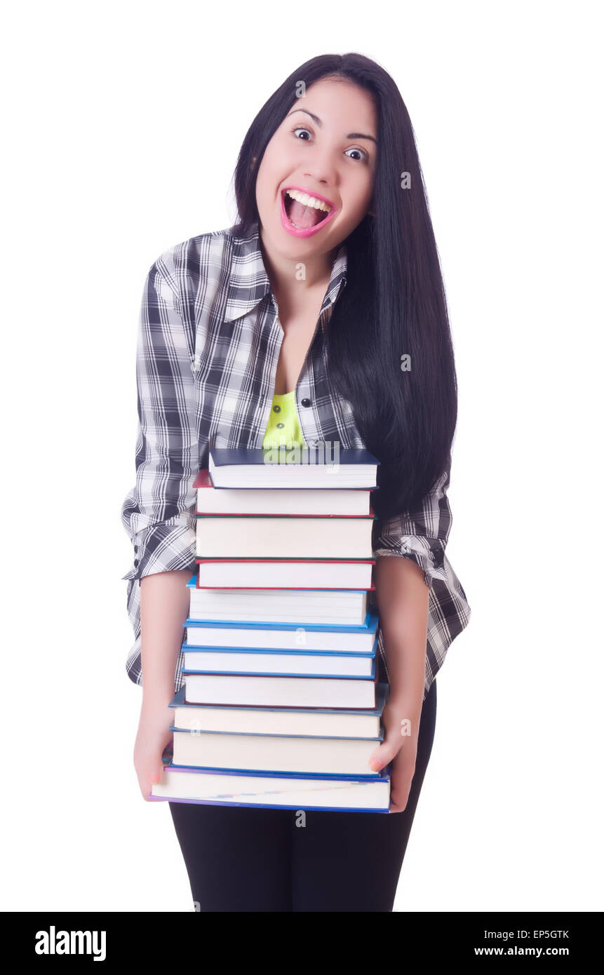 Girl student with books on white Stock Photo - Alamy