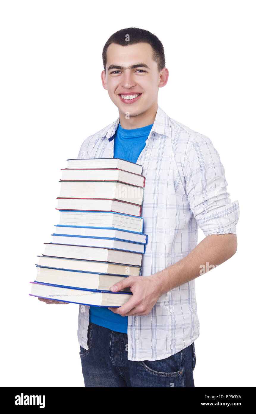 Student with lots of books on white Stock Photo - Alamy