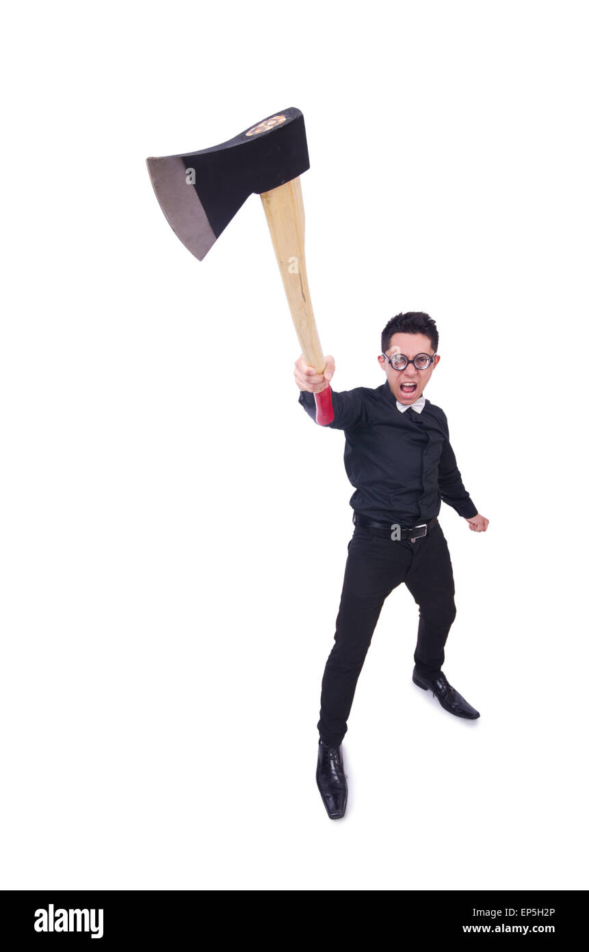 Funny man with axe on white Stock Photo - Alamy