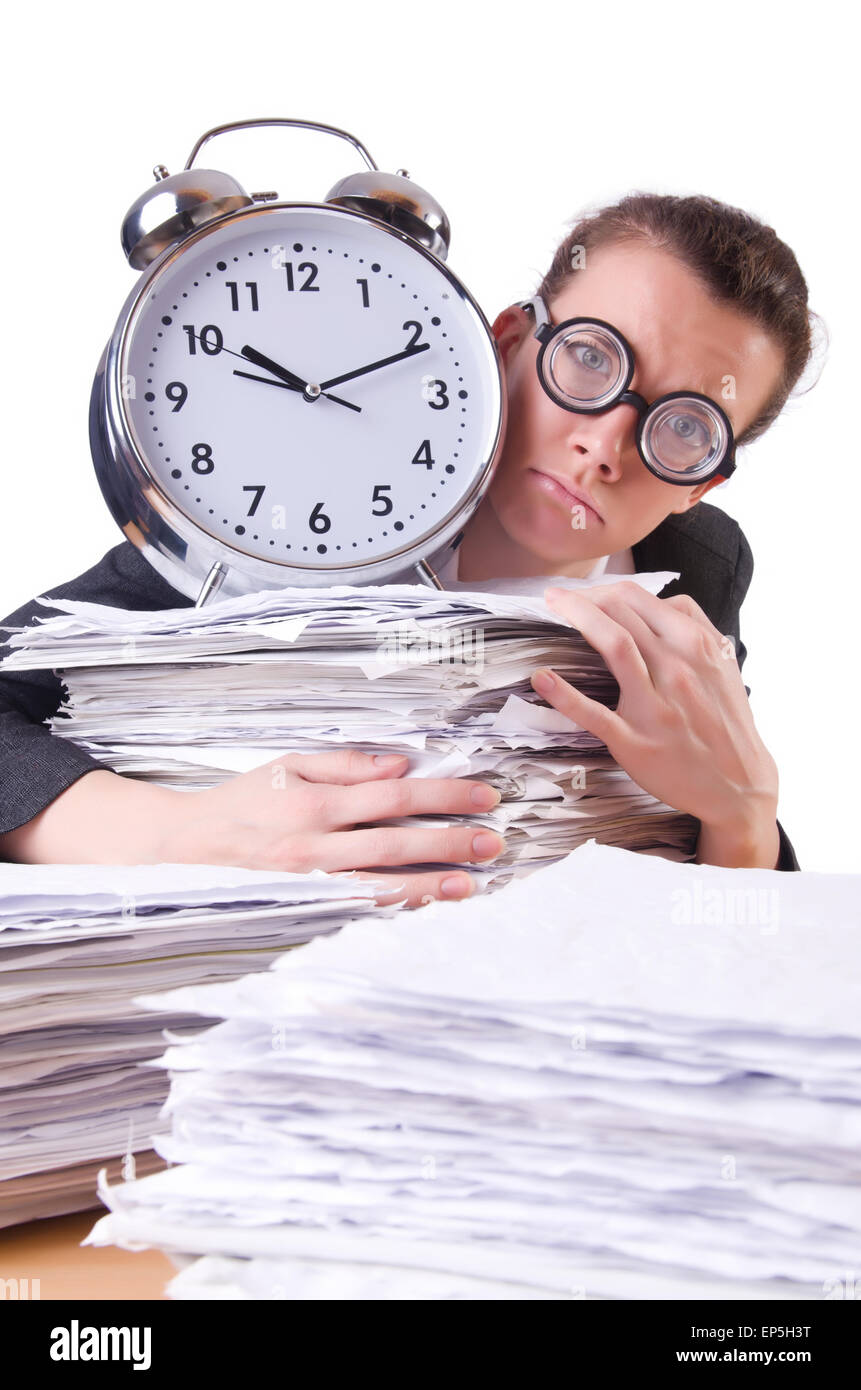 Woman businesswoman with giant alarm clock Stock Photo - Alamy