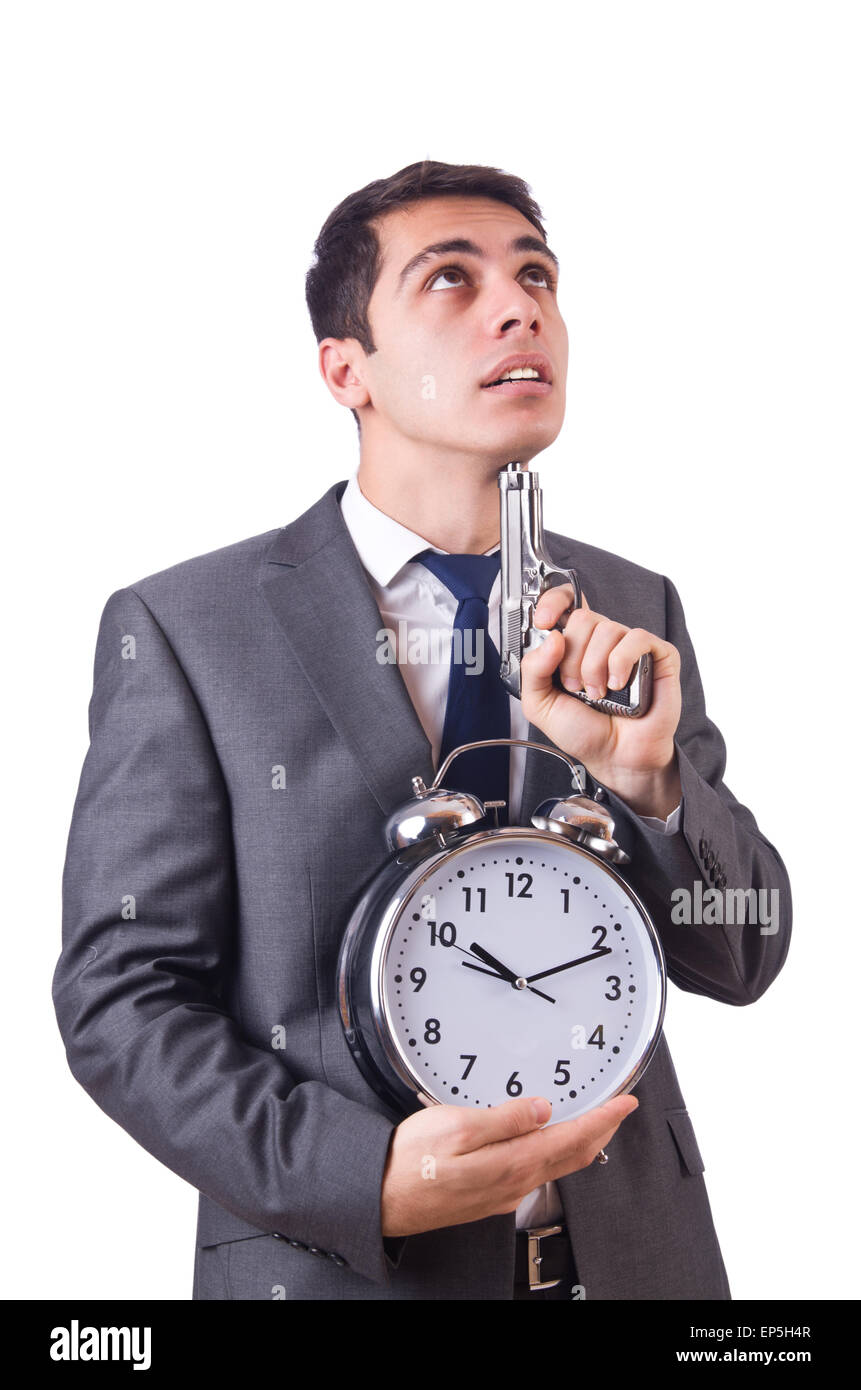 Man with gun and clock on white Stock Photo - Alamy