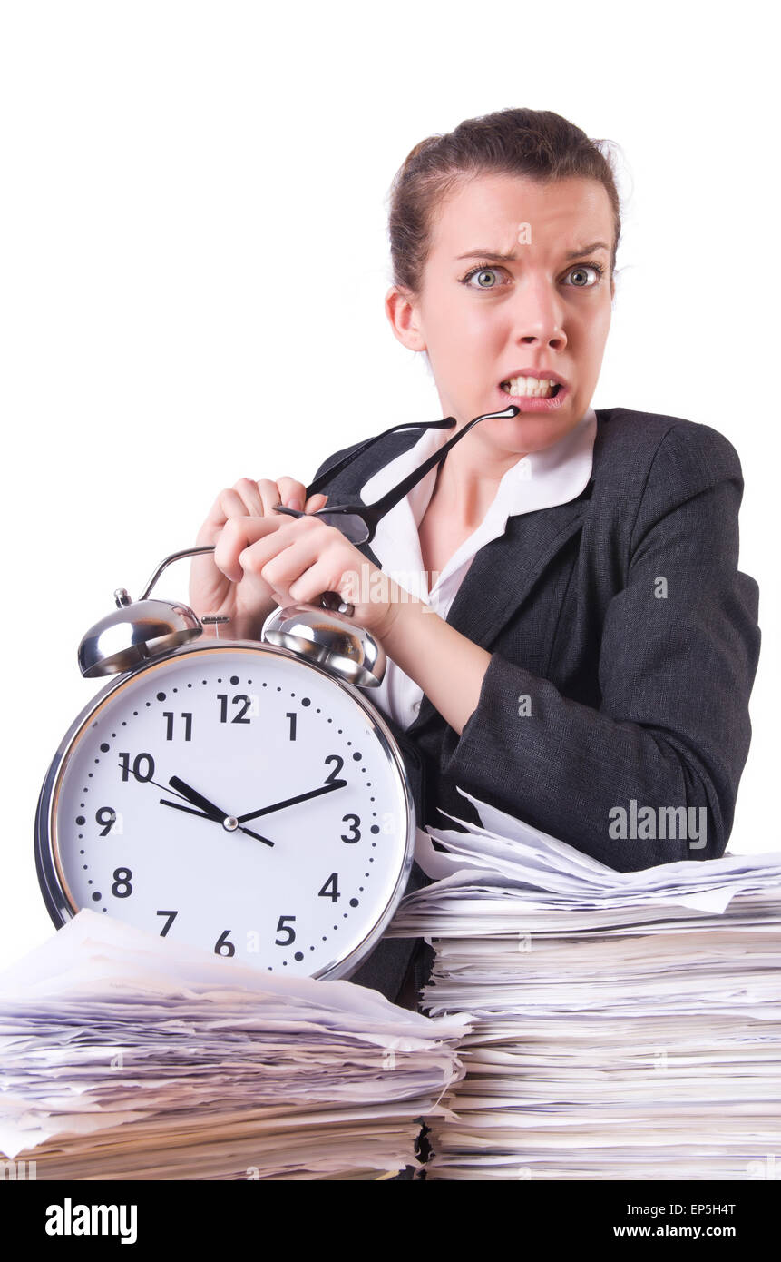 Woman businesswoman with giant alarm clock Stock Photo - Alamy