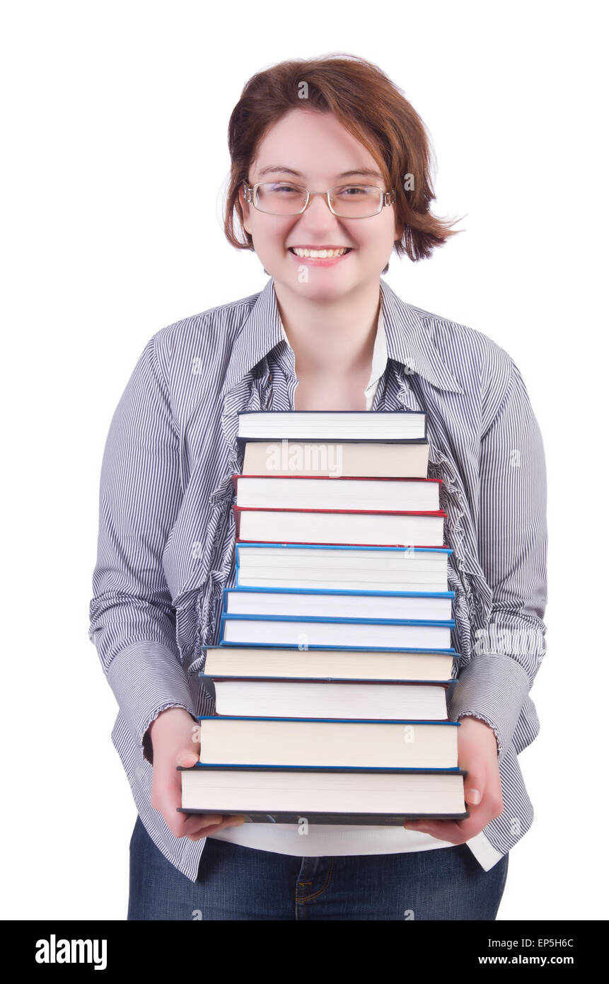 Girl student with books on white Stock Photo - Alamy
