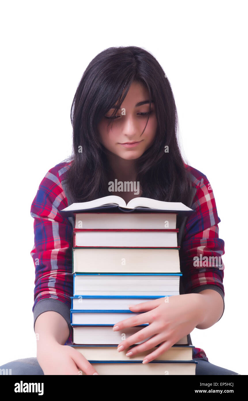 Girl student with books on white Stock Photo - Alamy