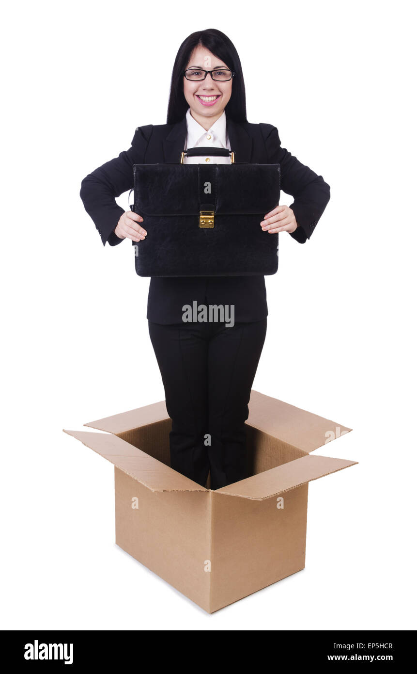 Businesswoman in thinking out of box concept Stock Photo - Alamy