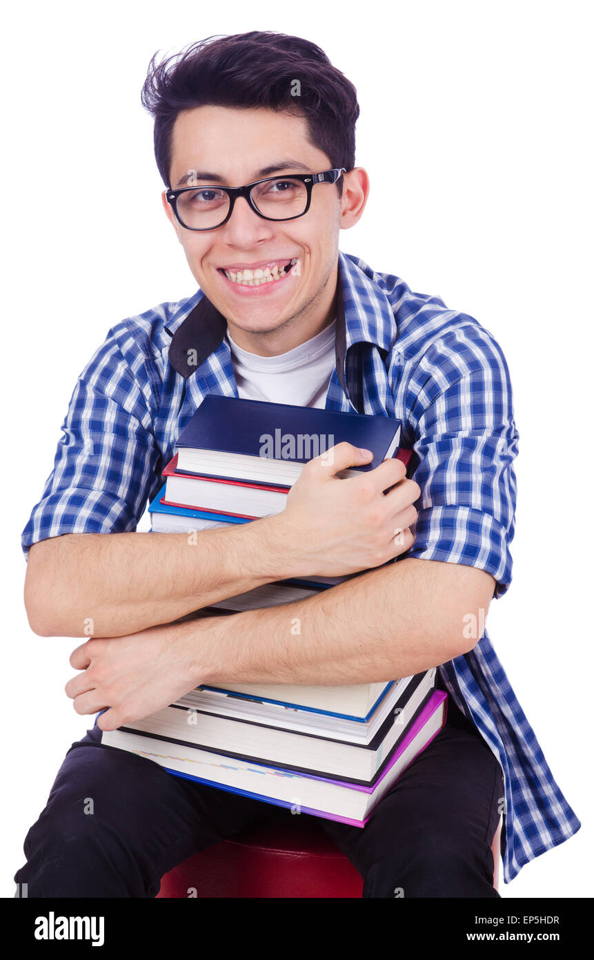 Student with lots of books on white Stock Photo - Alamy