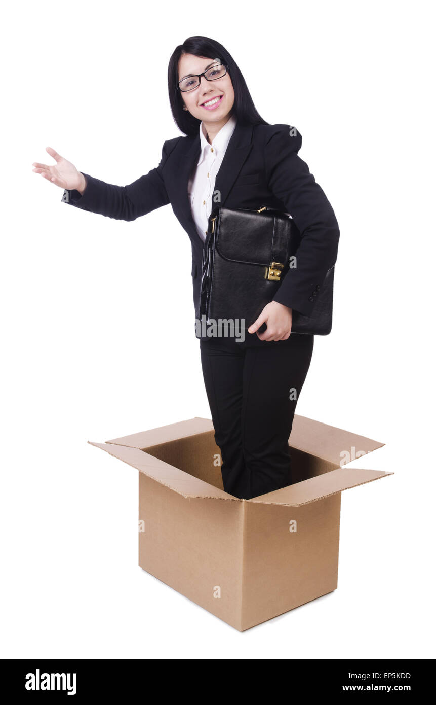 Businesswoman in thinking out of box concept Stock Photo - Alamy