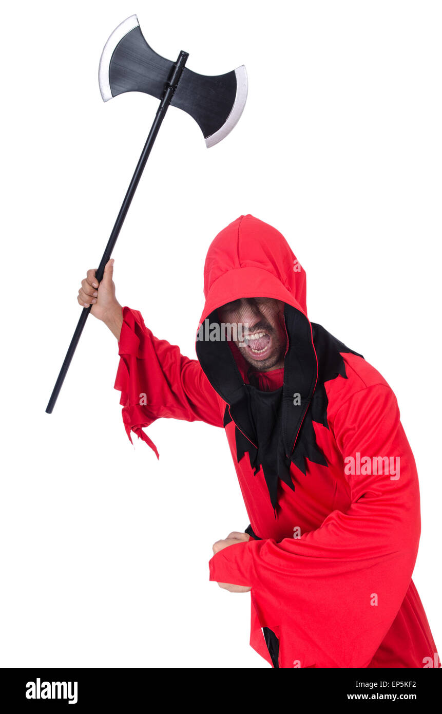 Executioner in red costume with axe on white Stock Photo - Alamy