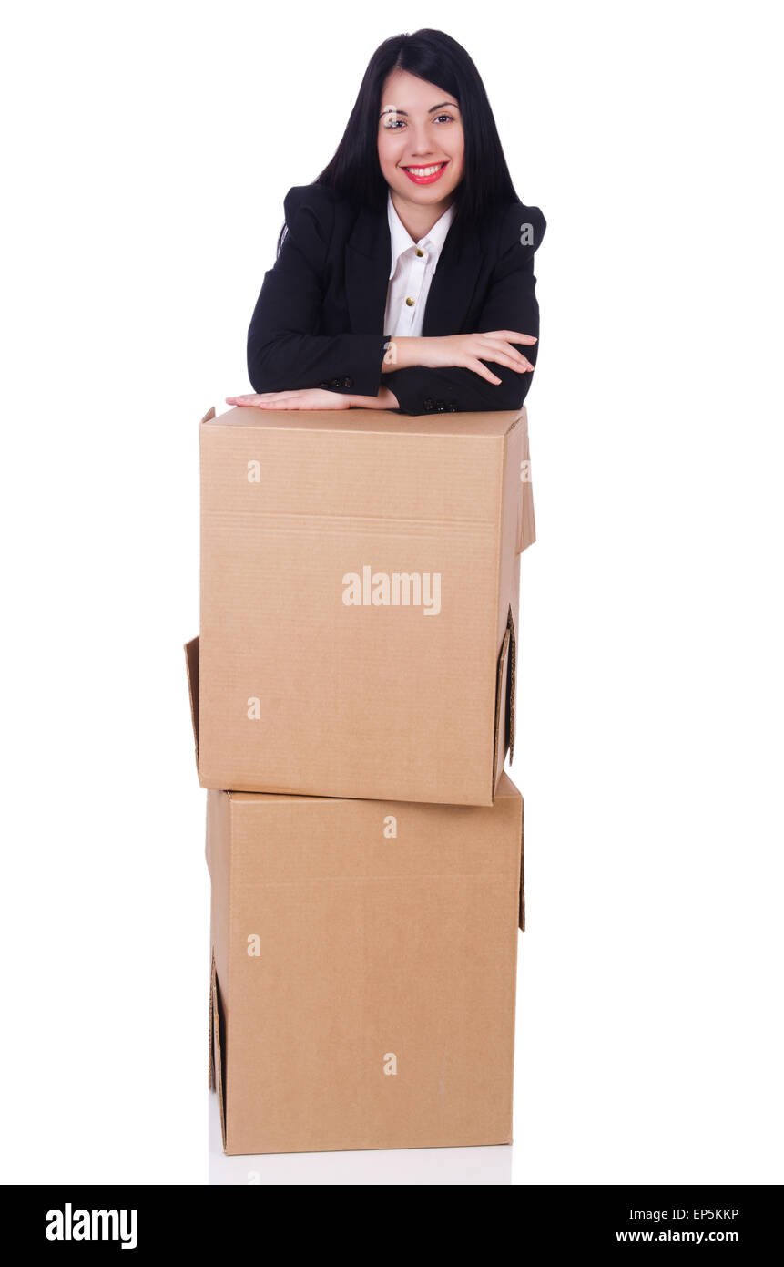 Woman with lots of boxes on white Stock Photo - Alamy