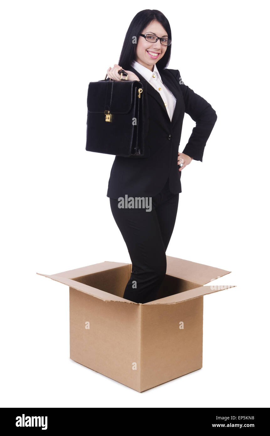 Businesswoman in thinking out of box concept Stock Photo - Alamy