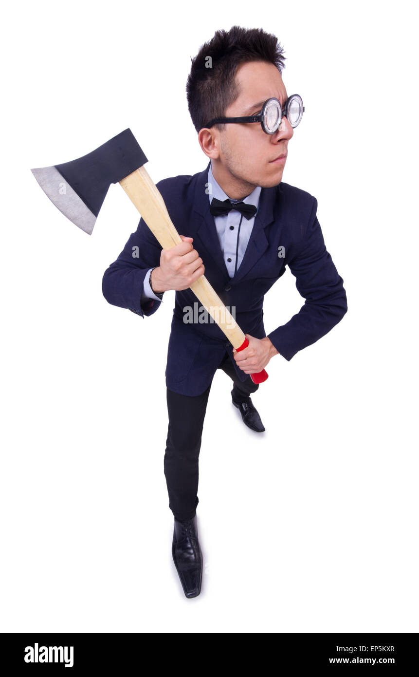 Funny man with axe on white Stock Photo - Alamy