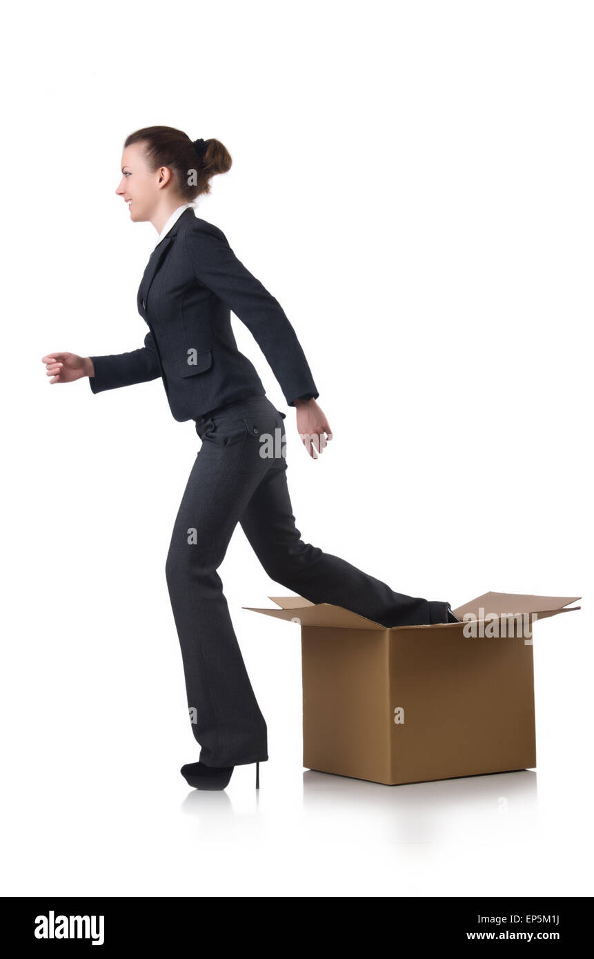 Woman with boxes on white Stock Photo - Alamy