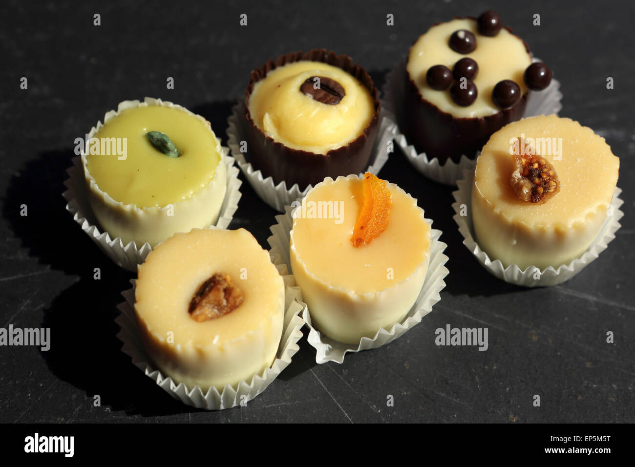 Freshly made chocolates in Erfurt, Germany. The luxury chocolates ...