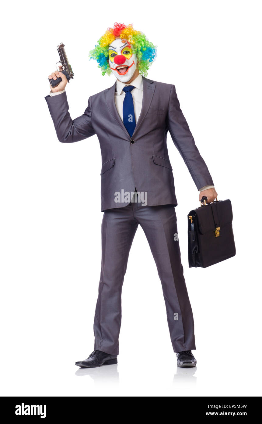 Businessman clown with gun isolated on white Stock Photo - Alamy