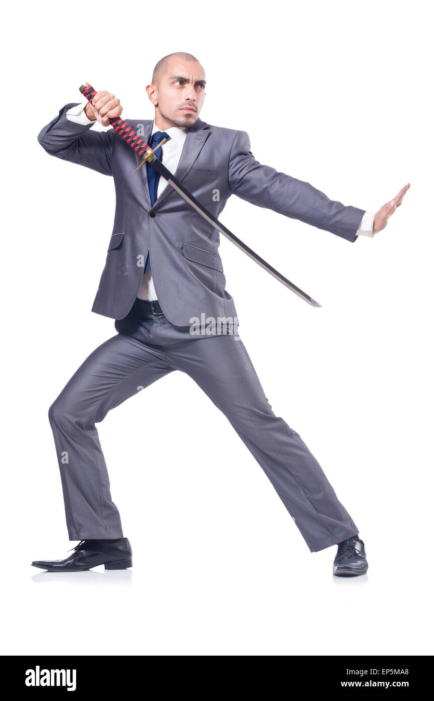 Businessman with sword isolated on white Stock Photo - Alamy