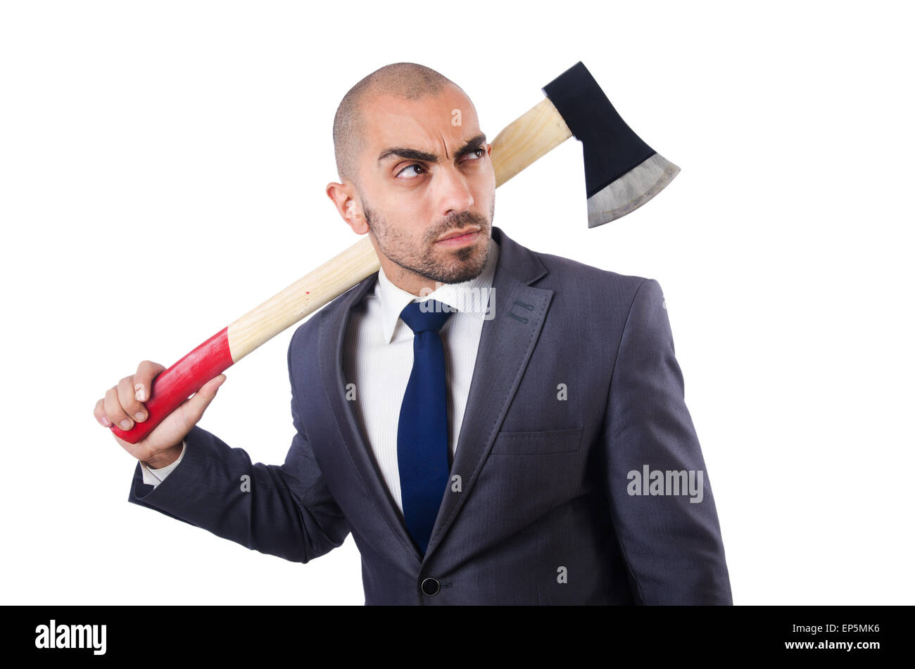 Funny businessman with axe on white Stock Photo - Alamy