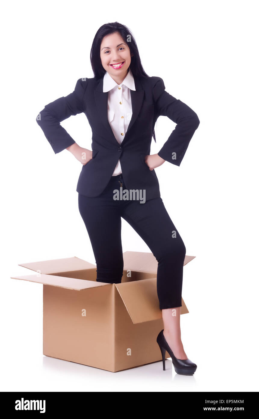 Woman with boxes on white Stock Photo - Alamy