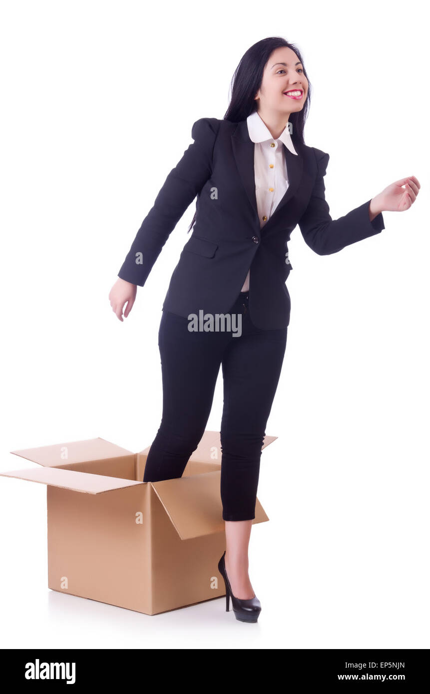 Woman with boxes on white Stock Photo - Alamy