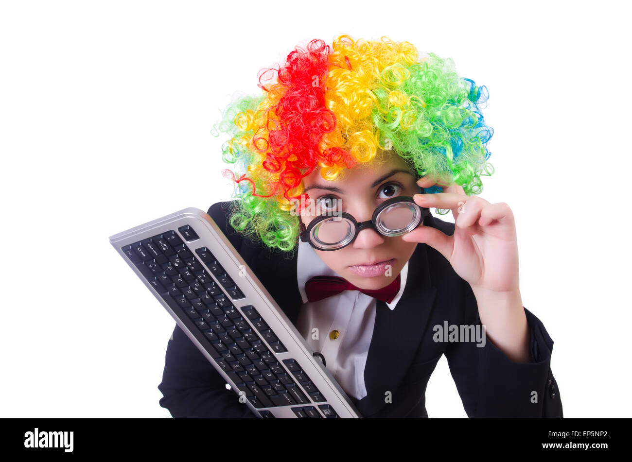 Funny clown with keyboard on white Stock Photo - Alamy