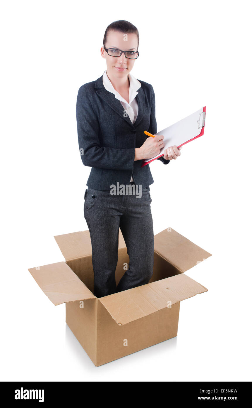 Woman with paper pad out of box Stock Photo - Alamy