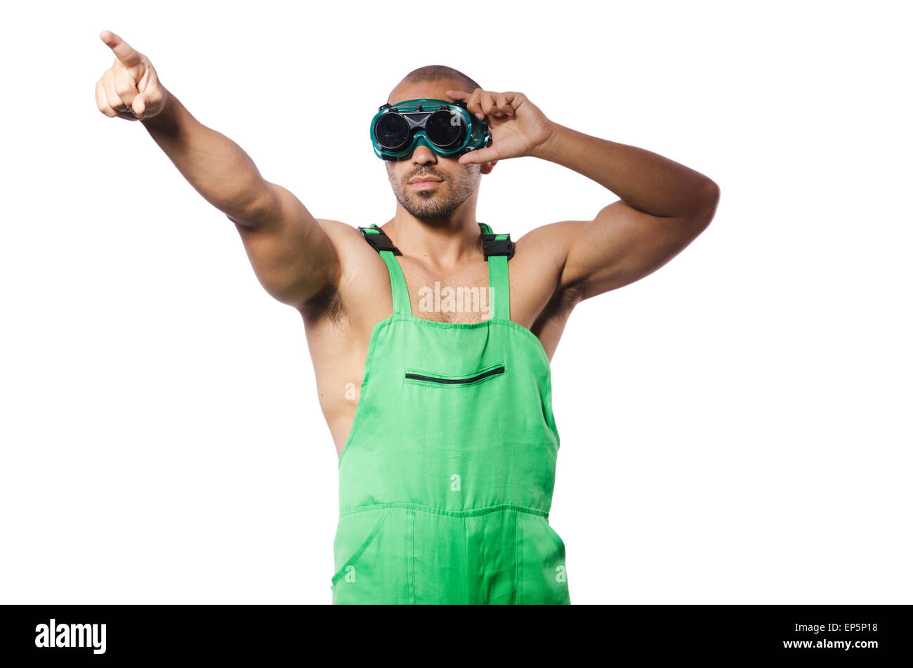 Man in green coveralls with goggles Stock Photo - Alamy