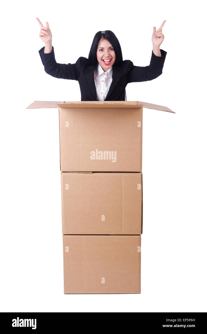 Woman with lots of boxes on white Stock Photo - Alamy