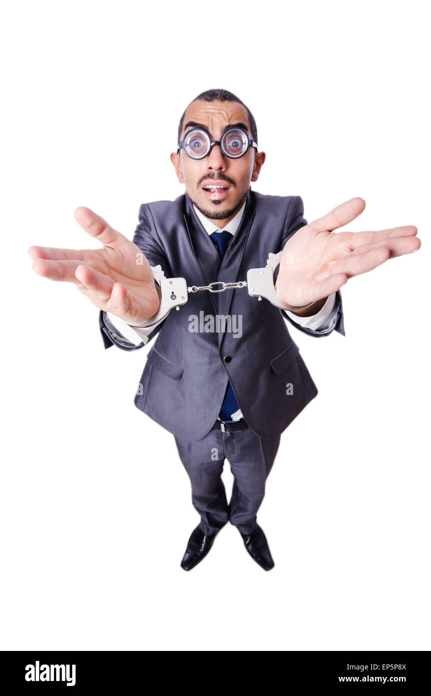 Funny businessman with handcuffs on white Stock Photo - Alamy
