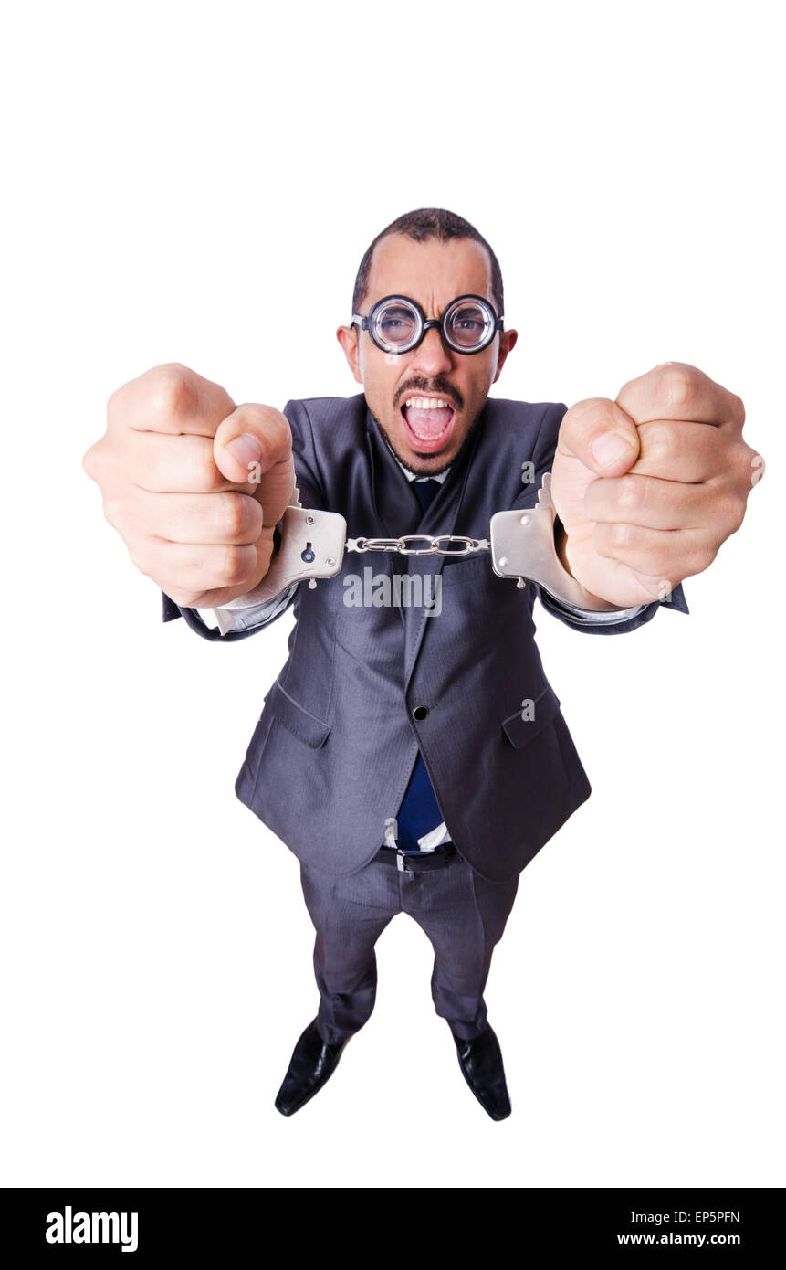 Funny businessman with handcuffs on white Stock Photo - Alamy