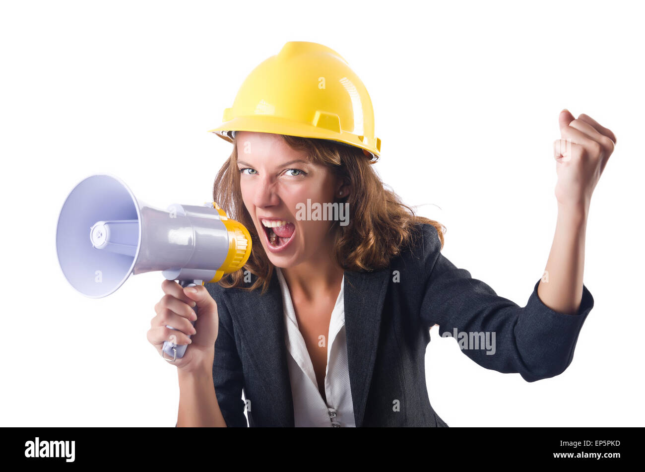 Female construction worker with loudspeaker Stock Photo - Alamy