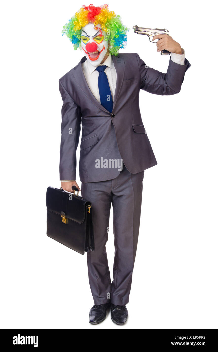 Businessman clown with gun isolated on white Stock Photo - Alamy