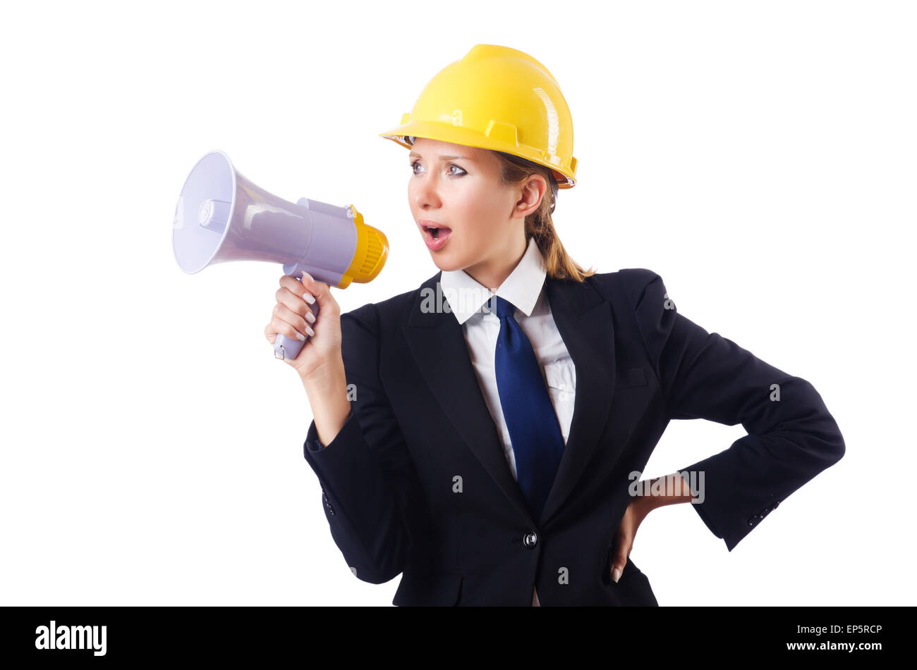 Female construction worker with loudspeaker Stock Photo - Alamy