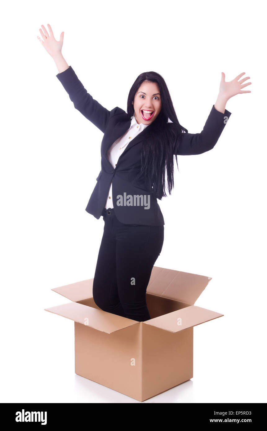 Woman with boxes on white Stock Photo - Alamy