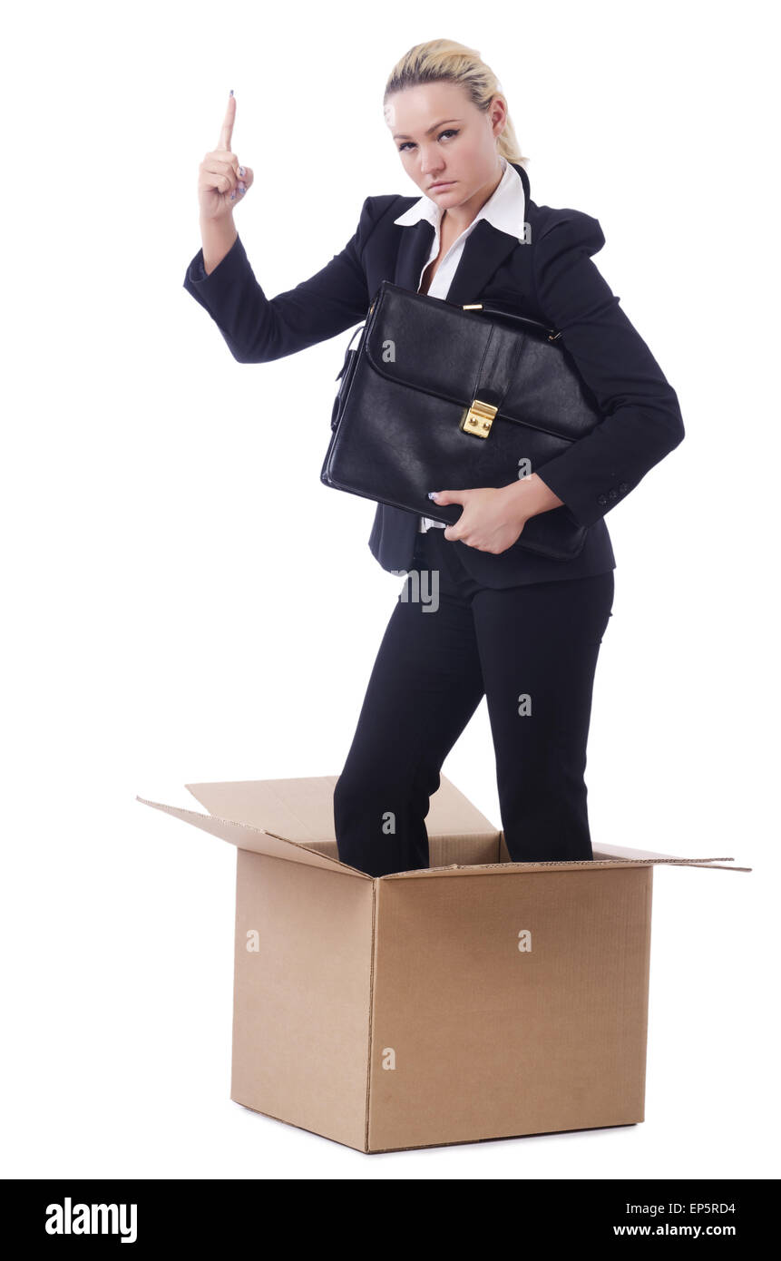 Woman with boxes on white Stock Photo - Alamy