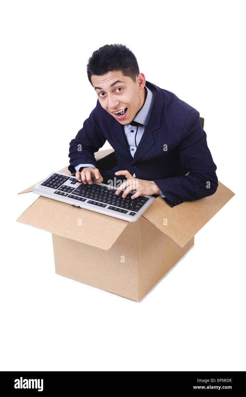Funny computer geek sitting in the box Stock Photo - Alamy