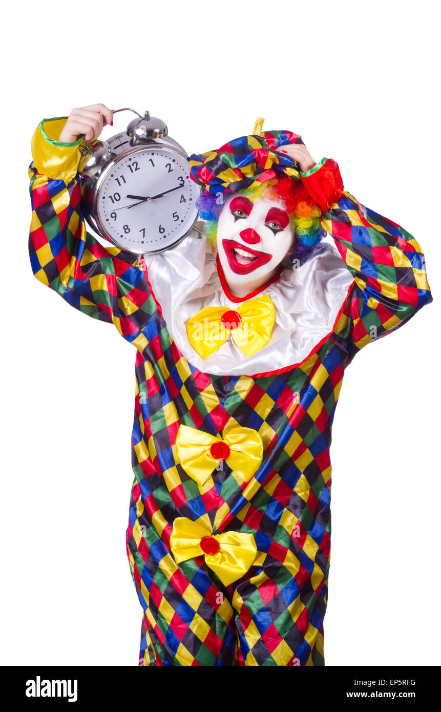 Clown with alarm clock isolated on white Stock Photo - Alamy